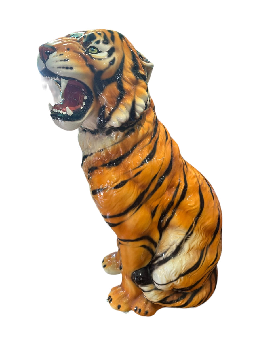 1970s Golden Orange Italian Hand painted Seated Tiger with open mouth ...