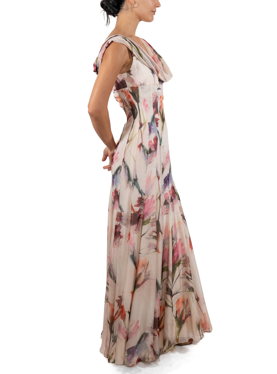 1990S Pink & White Floral Silk Chiffon Gown – MORPHEW
