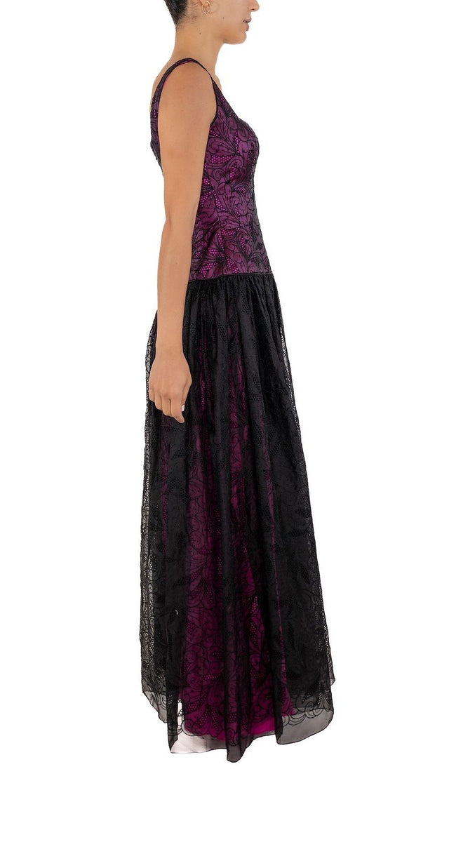 1990S Black Embroidered Silk Organza Ball Gown Lined In Hot Pink Satin ...