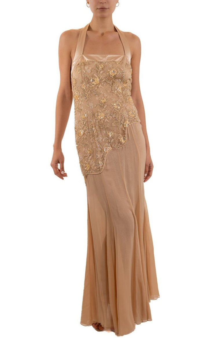 1990S Blush Pink Silk Chiffon & Metallic Beaded Chantilly Lace Halter ...