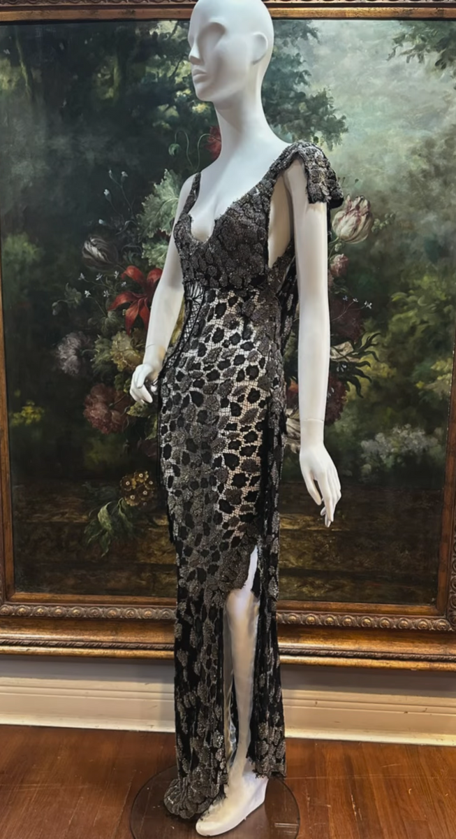 MORPHEW ATELIER Black Sheer French Lace Gown with Grey Metal Beading