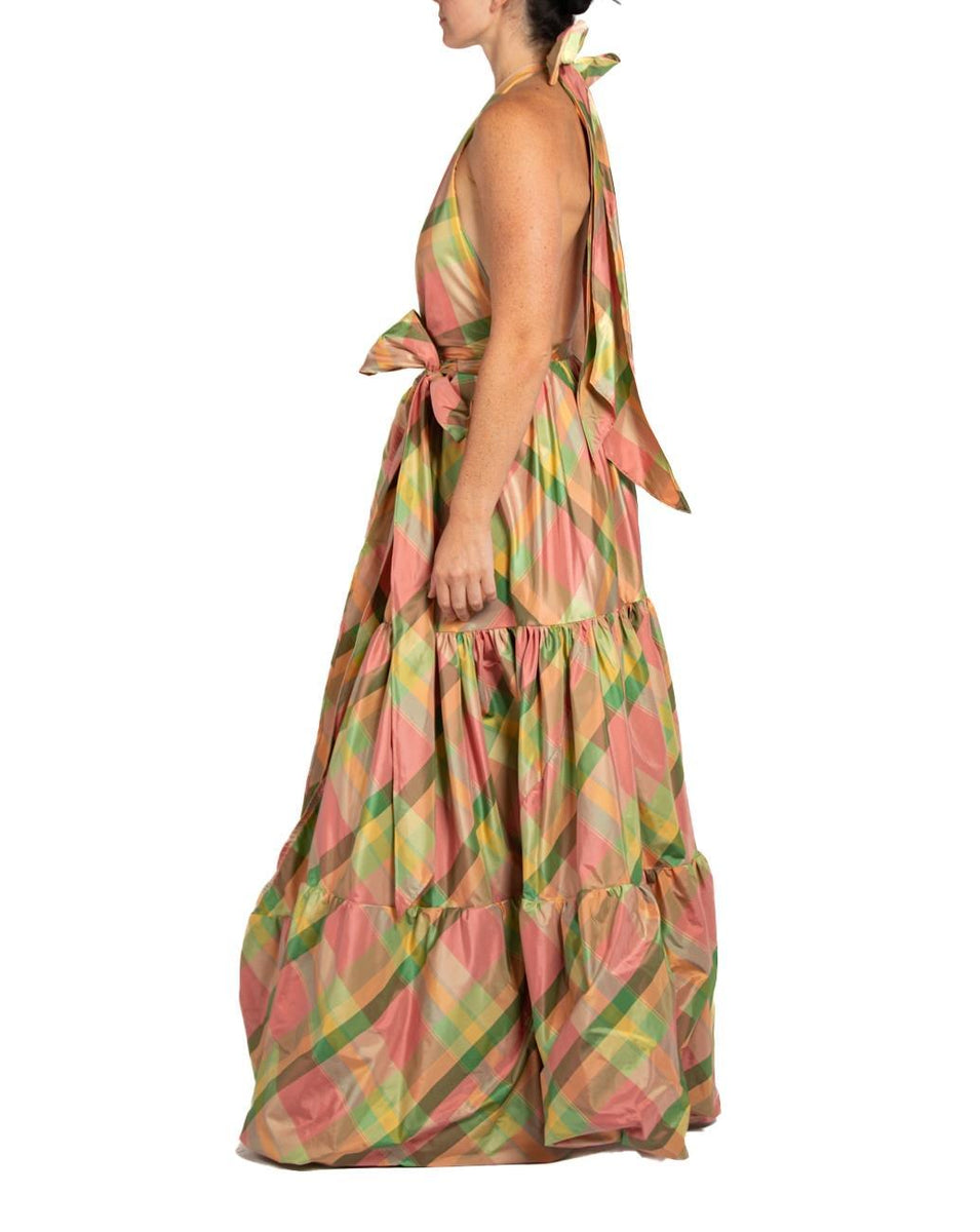 MORPHEW COLLECTION Pink & Green Silk Taffeta Plaid Gown