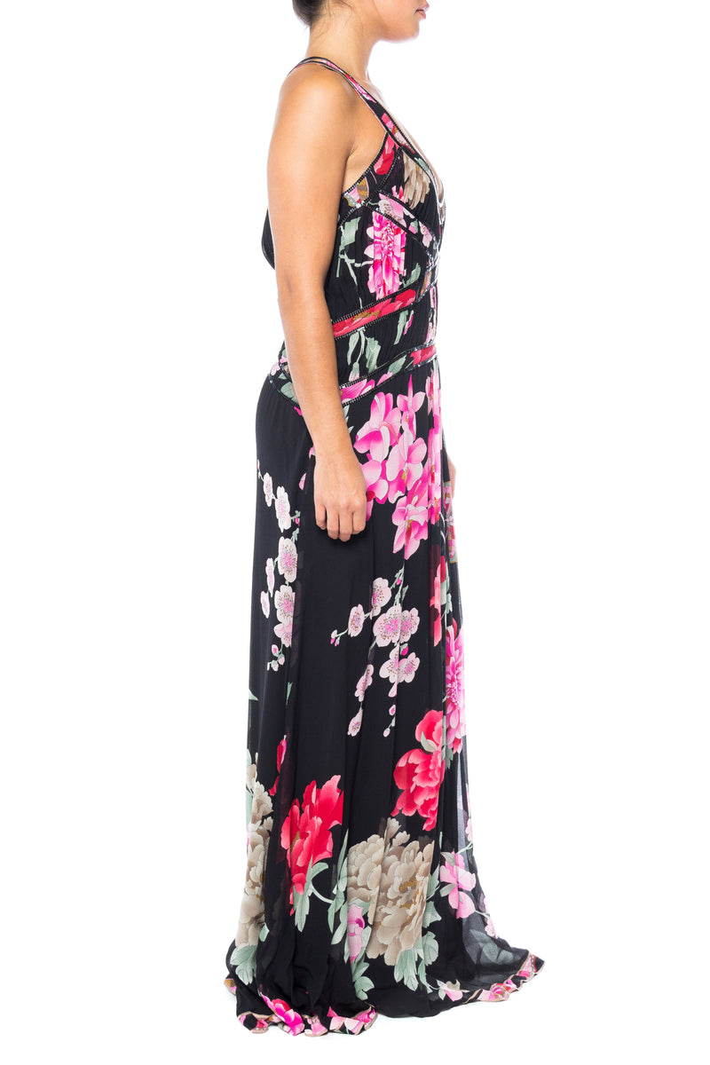 1990S LEONARD Pink & Black Silk Chiffon Tropical Floral Gown With Meta ...