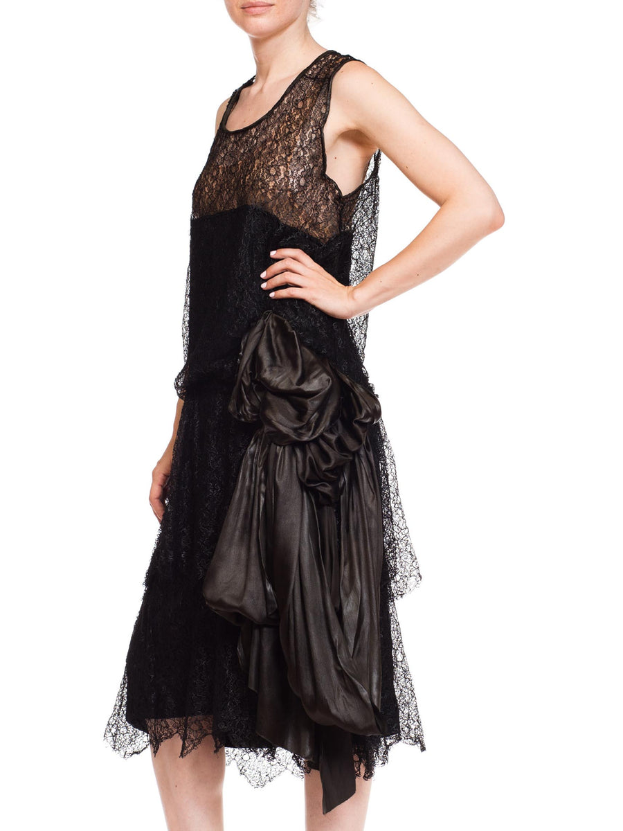 1920S Black Silk Lace Flapper Cocktail Dress With Built In Slip & Larg ...