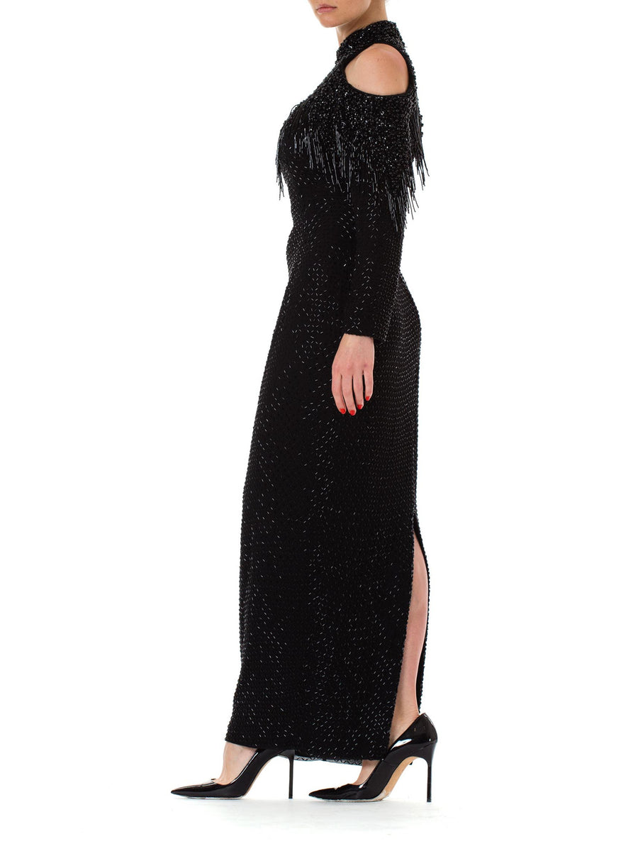 1980S Black Silk Chiffon Cold Shoulder Beaded Fringe Gown – MORPHEW