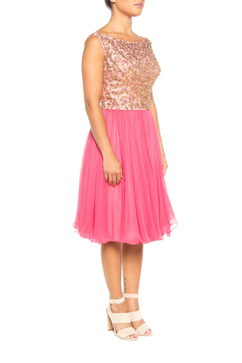 1960S Pink & Gold Silk Chiffon Beaded Swing Skirt Party Cocktail Dress ...