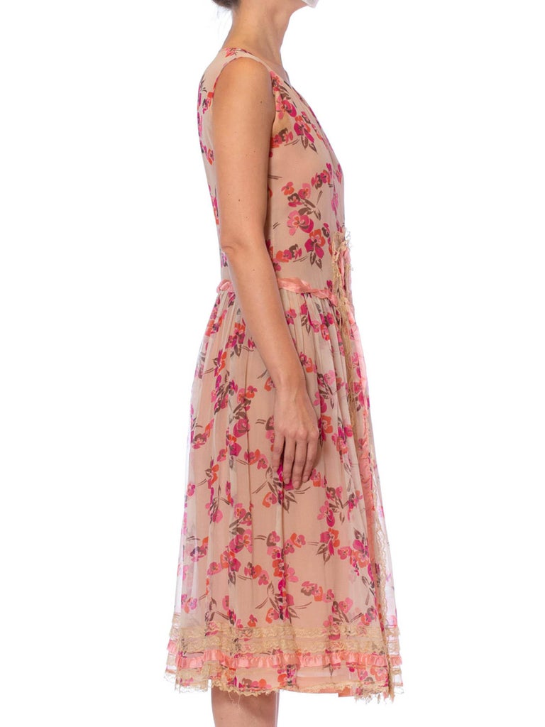 1920S Pink Floral Silk Chiffon Fully Lined Dress With Lace & Ribbon Ru ...