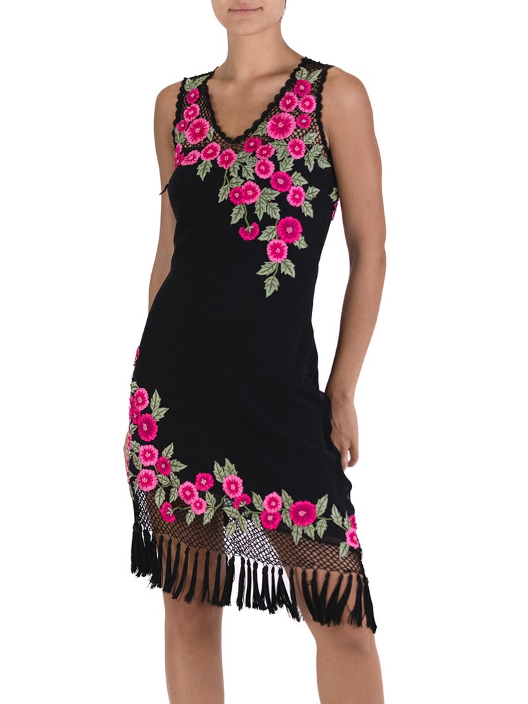 1990S Black Dress With Pink Embroidered Flower Detail – MORPHEW